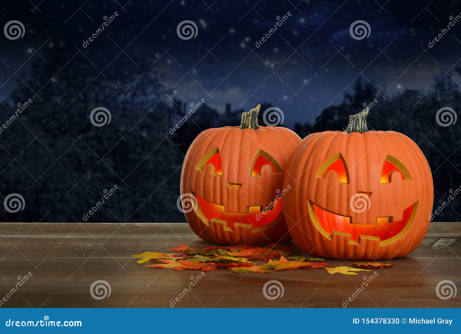Two Halloween Pumpkins at Night Glowing Stock Photo - Image of dark ...