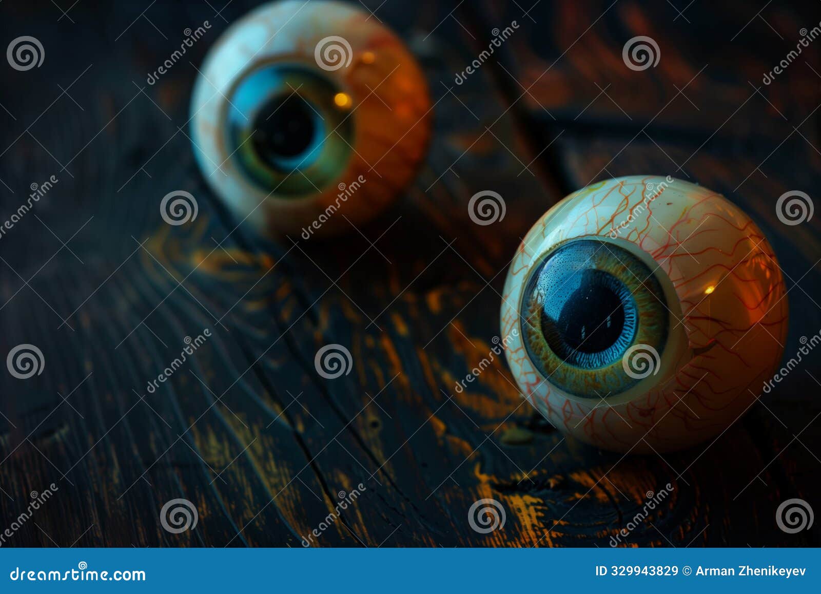 Two Halloween Realistic Eyeballs Resting on a Dark Wooden Surface ...
