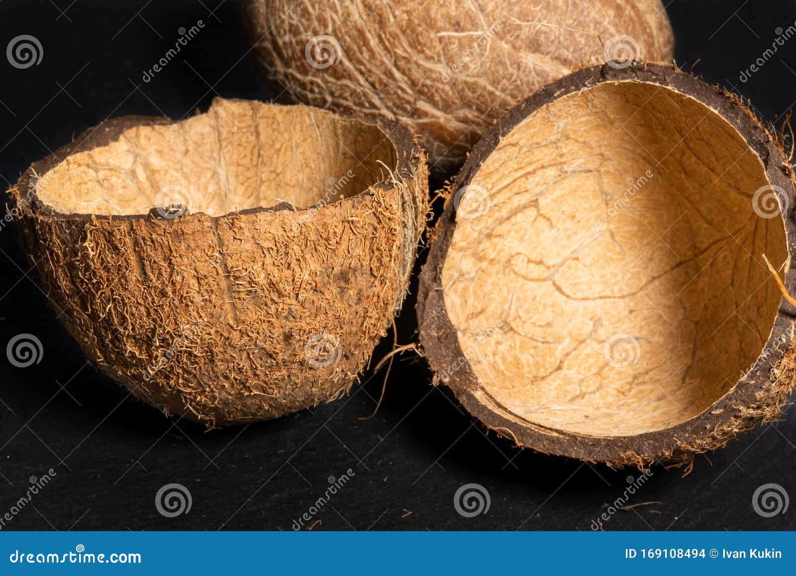 Two Halves of Coconut Shell and Inner Soft Walnut Stock Photo - Image ...