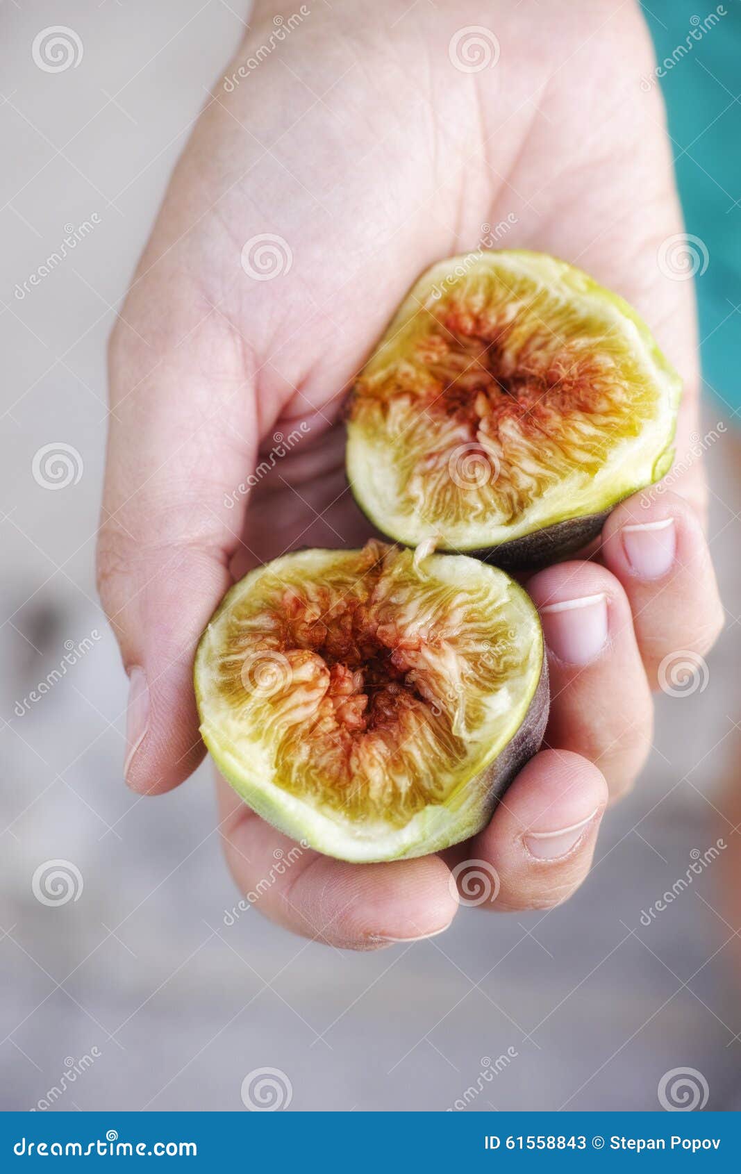 Two Halves of Fresh Fig in Woman Hand Stock Image - Image of closeup ...