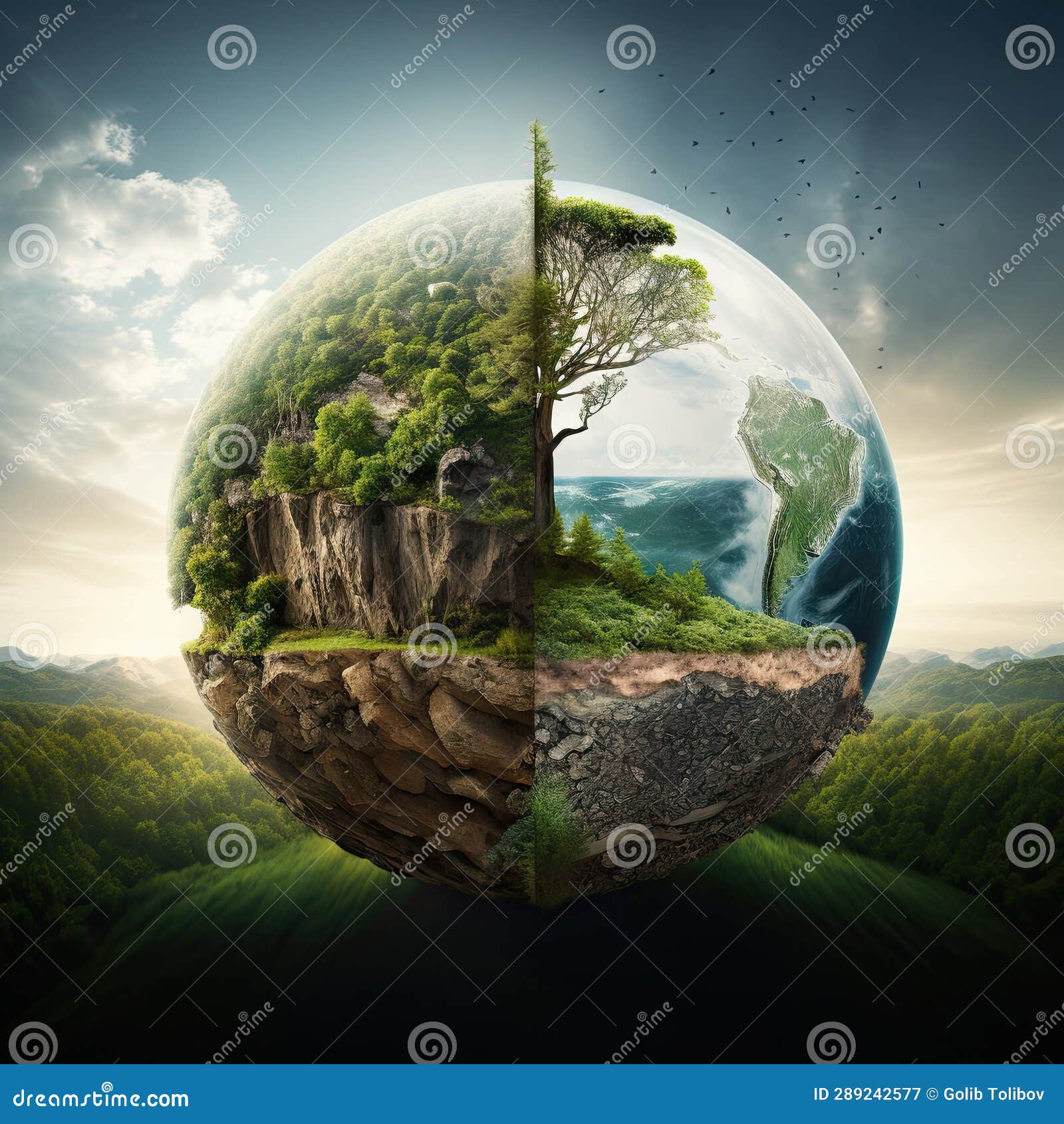 Two Halves of a Planet with a Tree and Water Stock Image - Image of ...