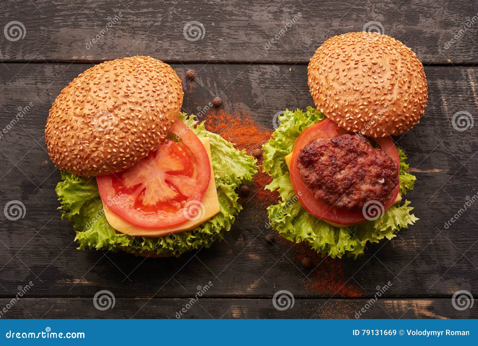 Two Hamburger on a Wooden Table Stock Image - Image of closeup ...