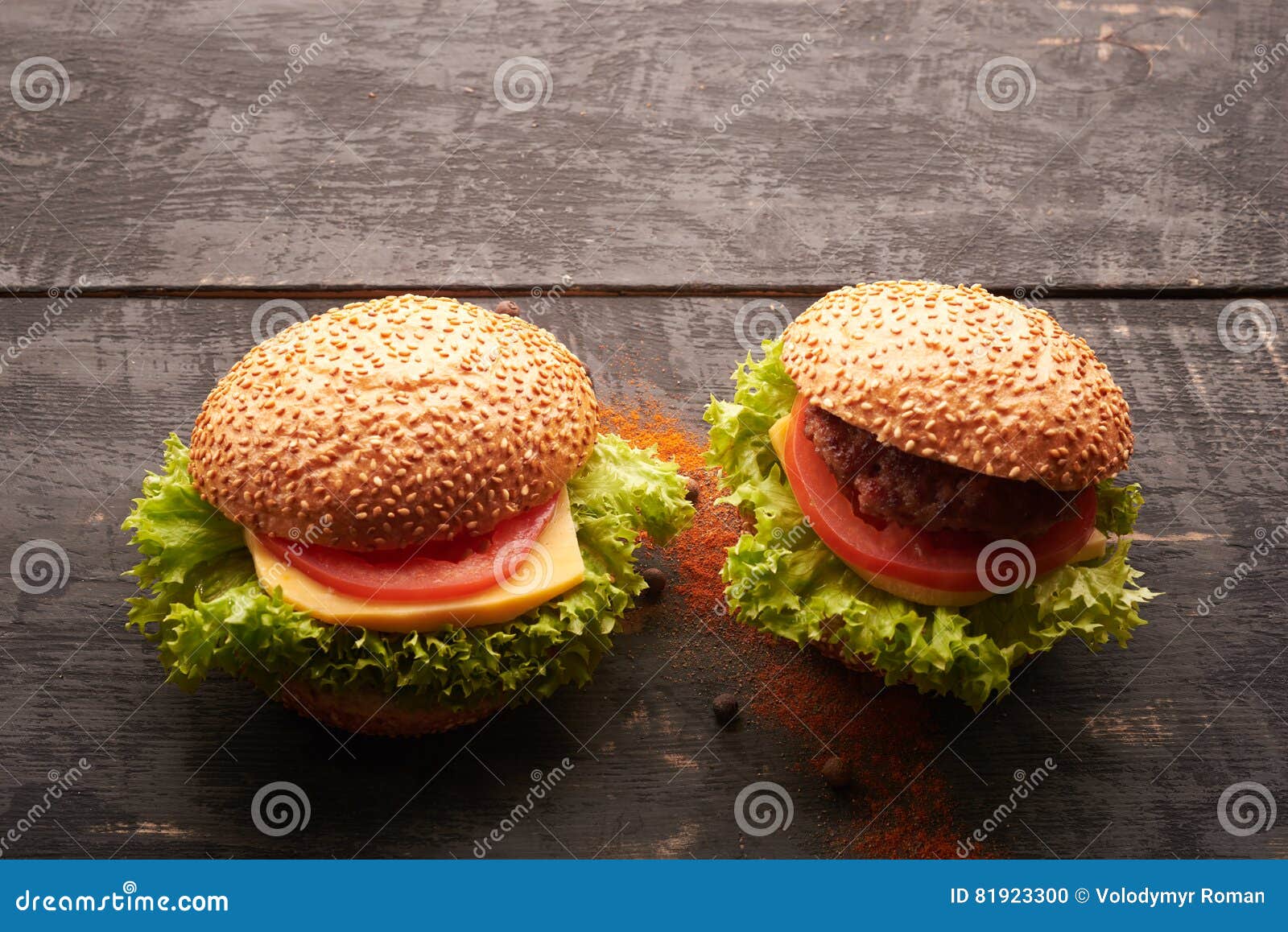 Two Hamburger on a Wooden Table Stock Photo - Image of burger, cafe ...