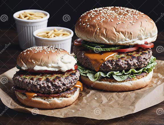 Two Hamburgers are on a Table, One is a Regular Hamburger Stock Photo ...
