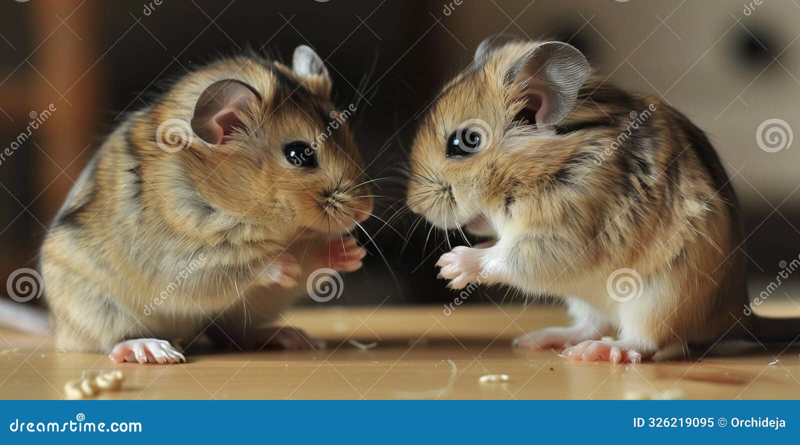 Two Hamsters Face Each Other on a Wooden Surface, Looking Alert and ...