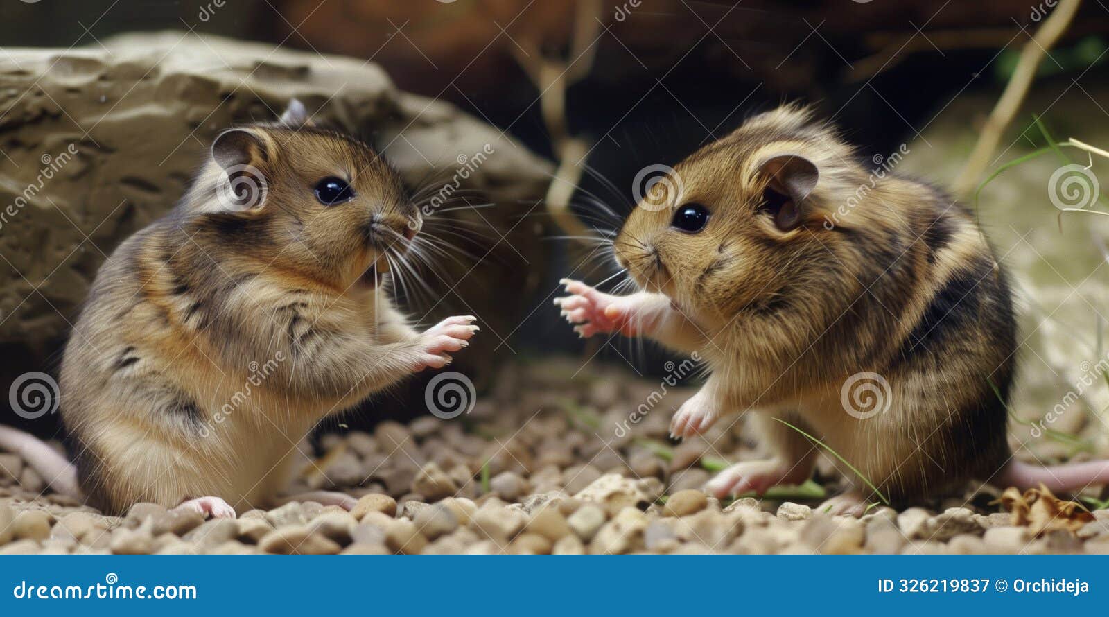 Two Hamsters Stand Facing Each Other on a Bed of Gravel. Generative AI ...