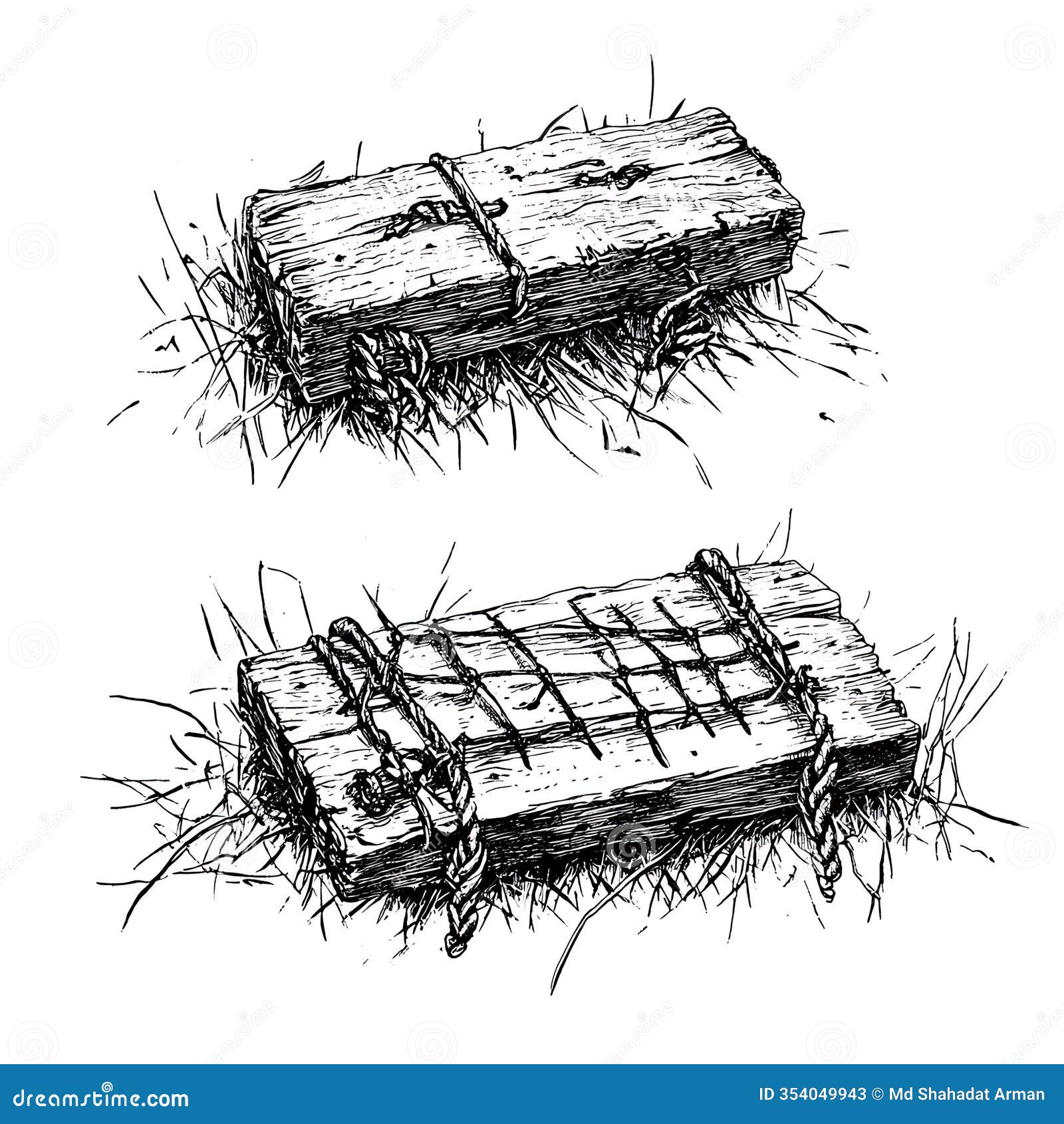 Two Hand-drawn Illustrations of Simple Wooden Traps in Grass Ink Sketch ...