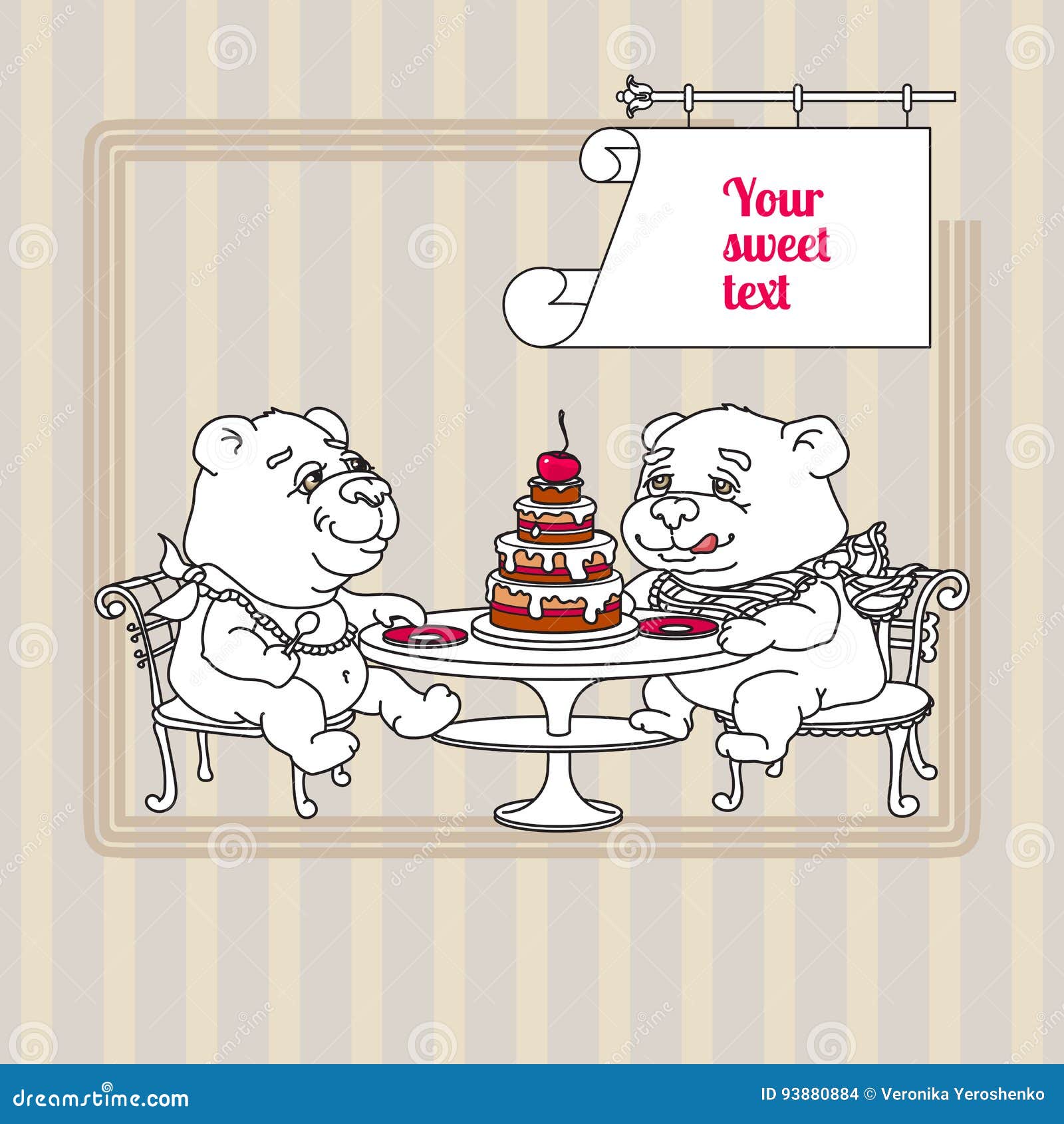 Two Hand Drawn White Cute Teddy Bear Eating Cake. Stock Vector ...