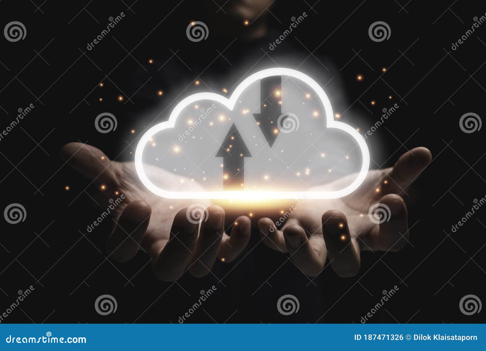 Two Hand Holding and Giving Virtual Cloud Computing. Cloud is System for Sharing Download Upload ...