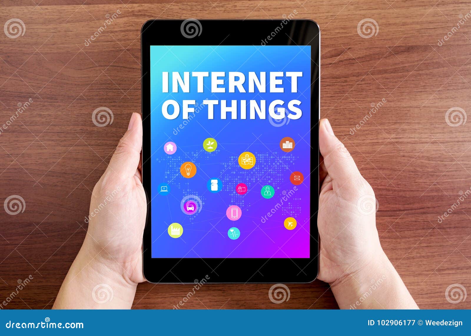 Two Hand Holding Tablet with Internet of Things IoT and Icon O Stock ...