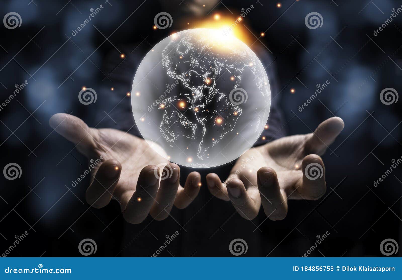 Two Hand Holding Virtual World with Orange Light. Information ... Two Hand Holding Virtual World with Orange Light. Information ...