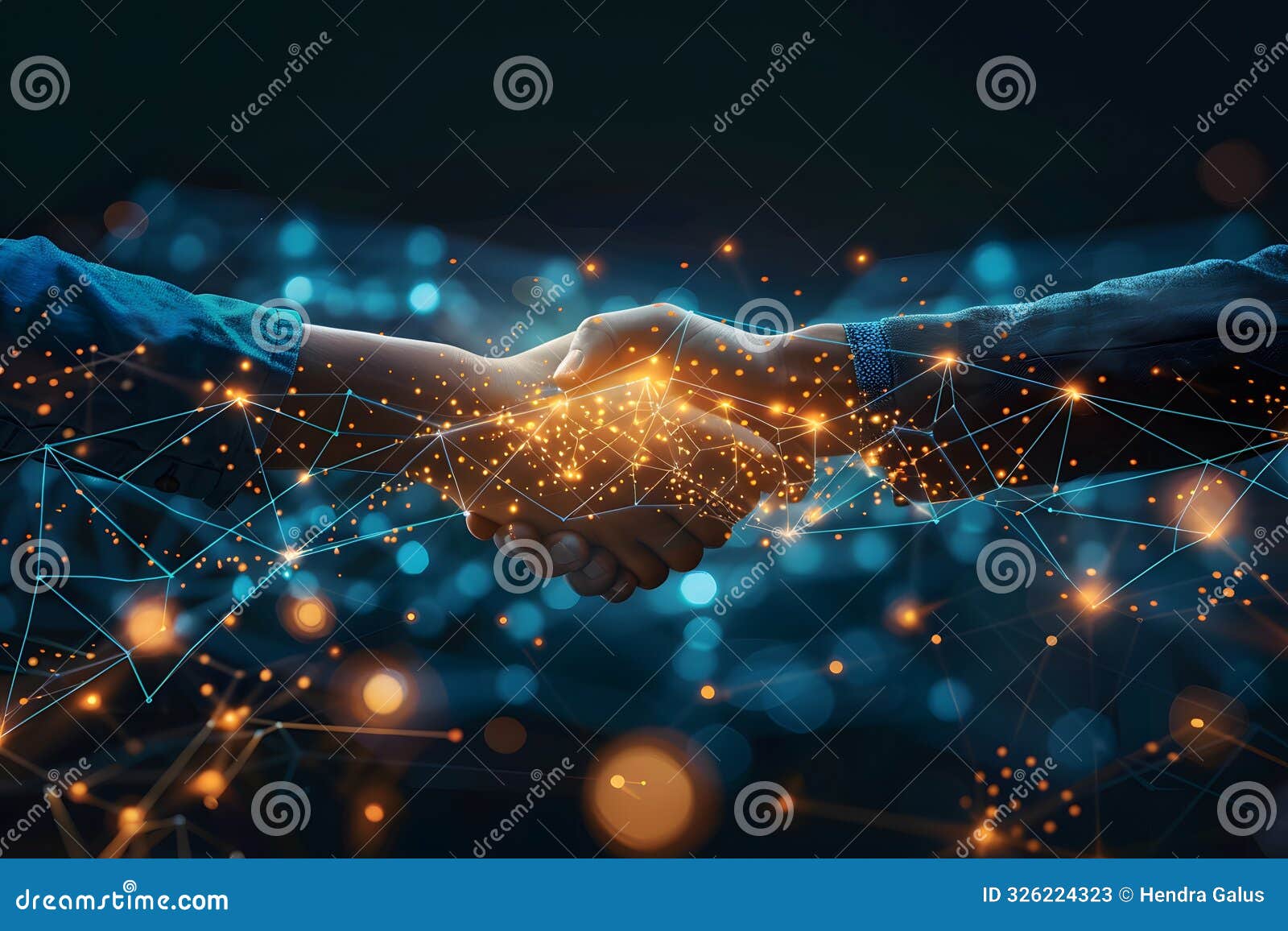 Two Hand Shaking with Digital Network Overlay, Work Collaboration ...
