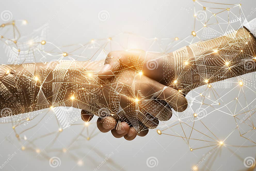 Two Hand Shaking with Golden Digital Network Overlay, Work ...