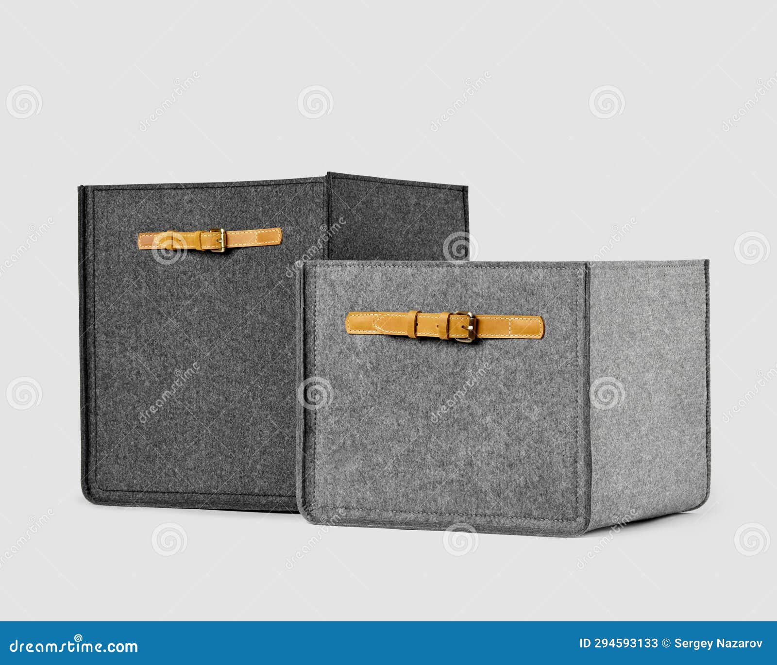 Two Handcrafted Gray Felt Boxes with Leather Handles for Storing Things ...