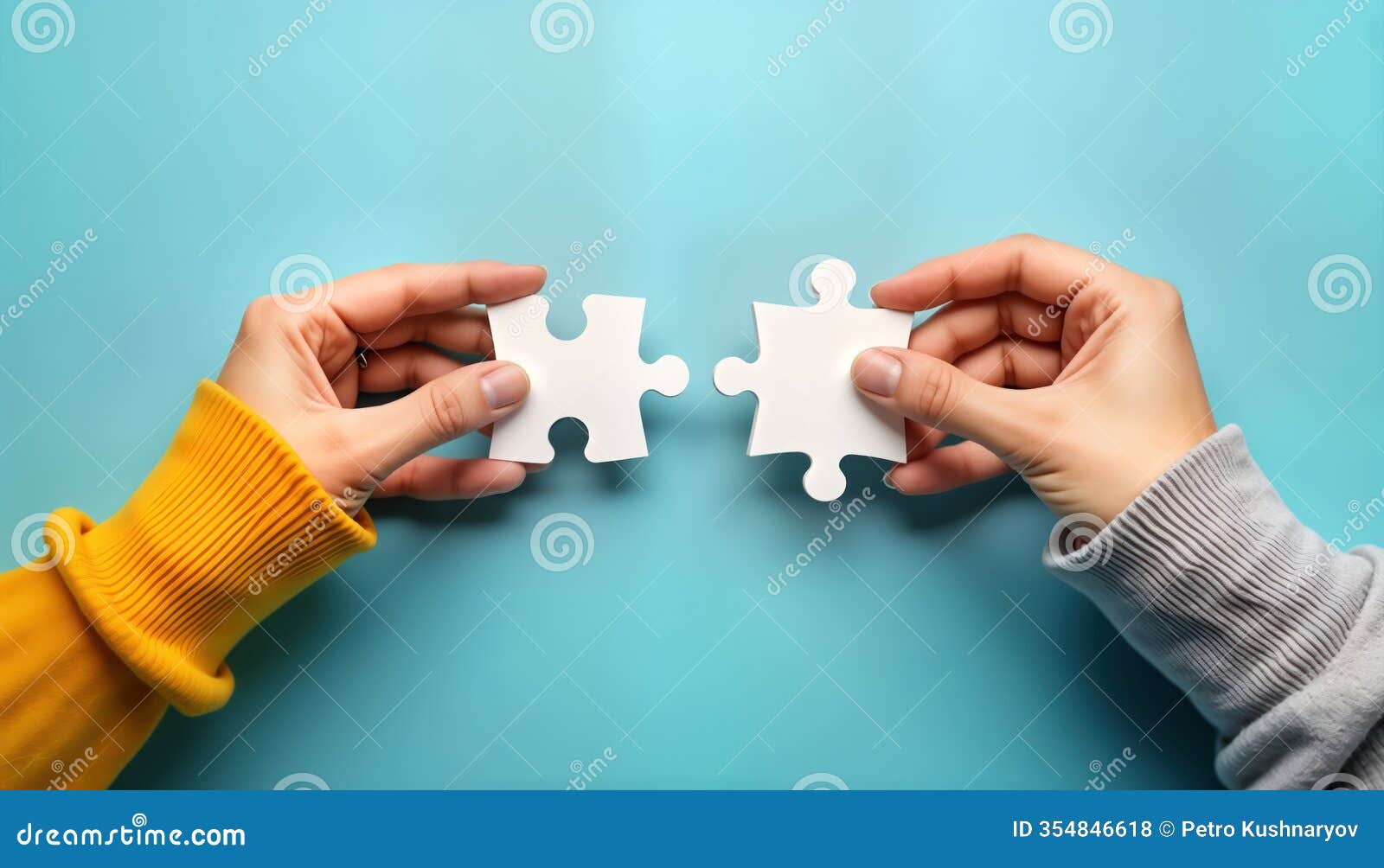 Two Hands Assemble Jigsaw Puzzle Pieces. Collaboration Concept. People ...