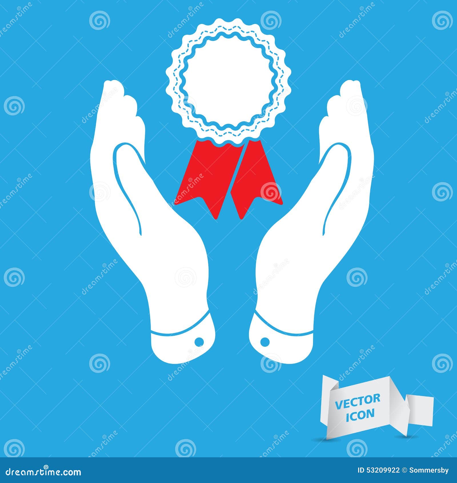 Two Hands with Badge and Red Ribbons Icon Stock Vector - Illustration ...