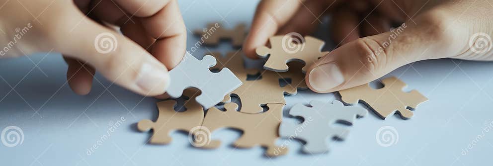 Two Hands Carefully Place Puzzle Pieces Together. Hands Symbolize Teamwork, Collaboration ...