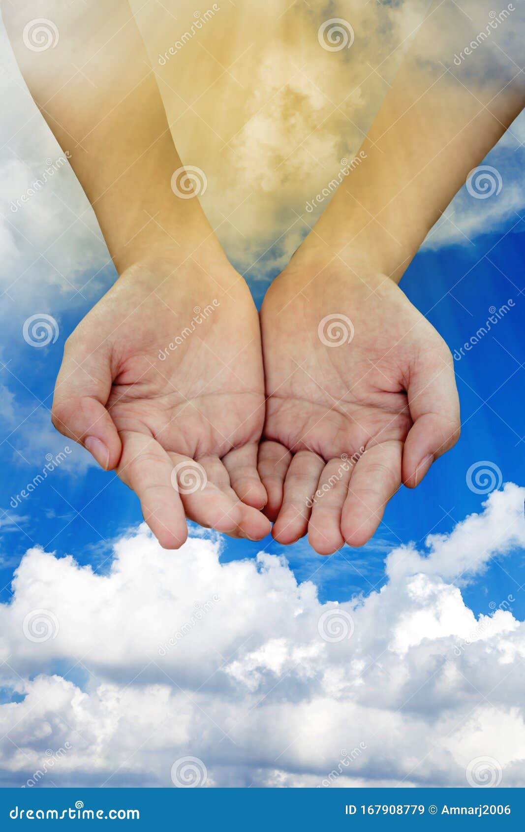 Two Hands Coming from a Cloudy Sky with Light Beam. Concept Help Stock ...