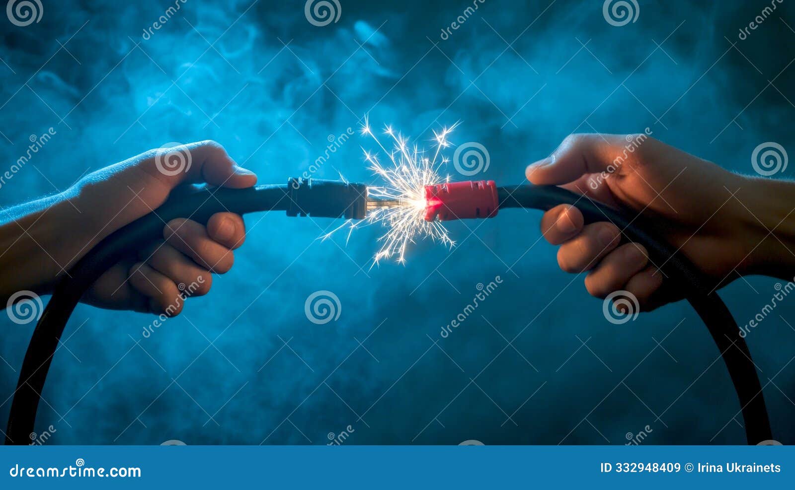 Two Hands Connect Electrical Cables, Creating a Spark that Signifies ...