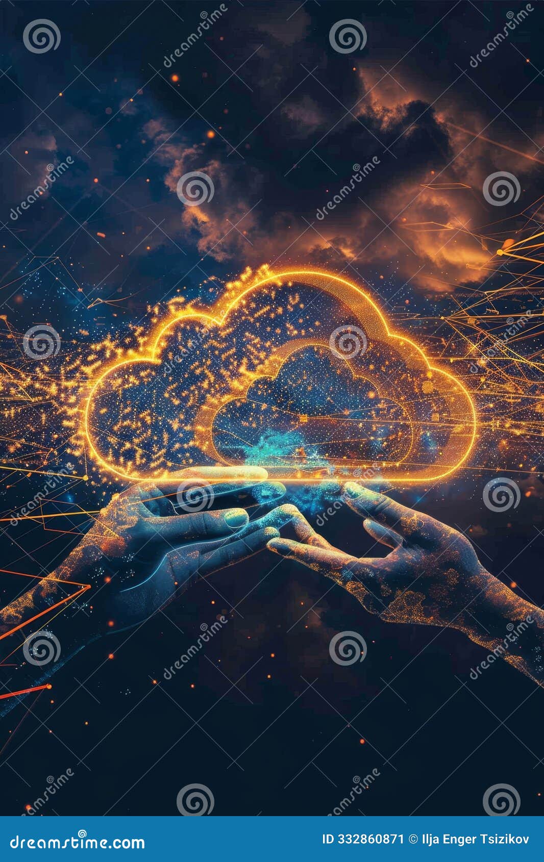 Two Hands Connect with a Glowing Cloud Symbol Against a Starry Night ...