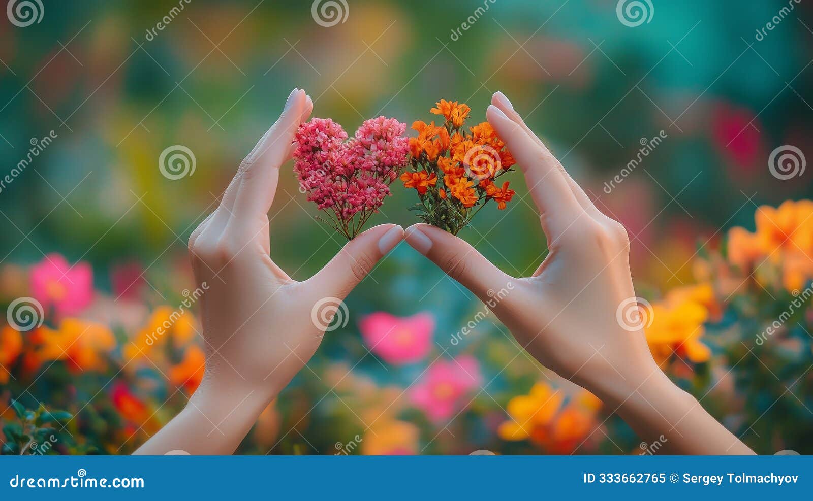 Hands Form a Heart Shape with Pink and Orange Flowers in a Vibrant ...
