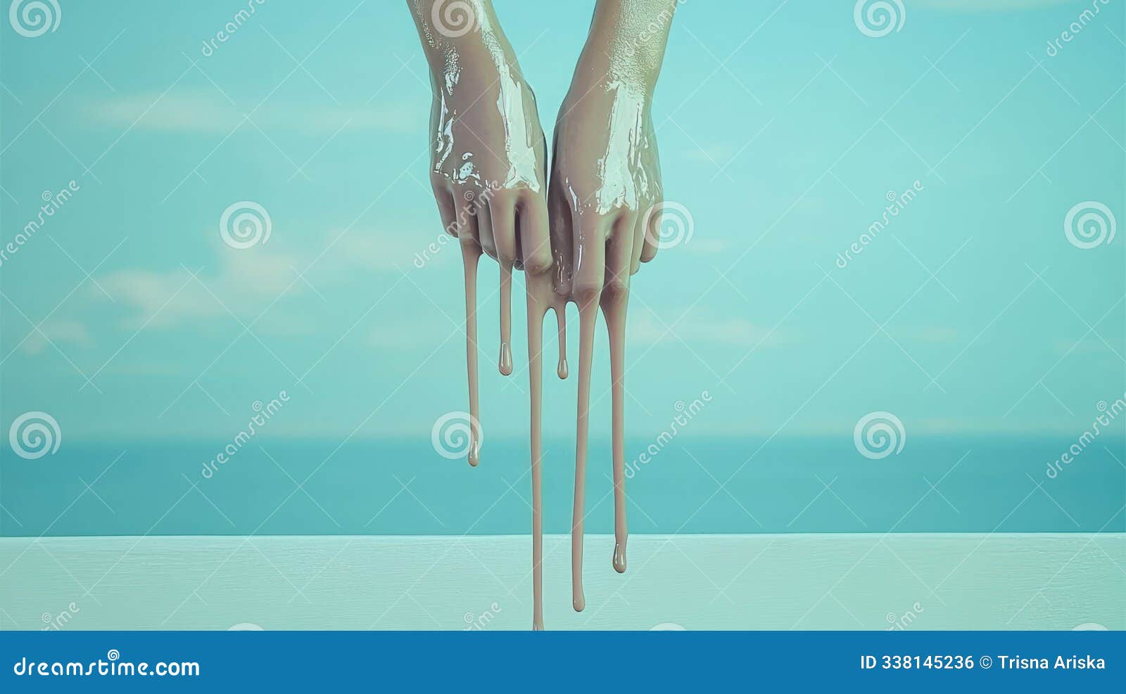 Two Hands Dripping a Viscous Substance Against a Serene Ocean Backdrop ...