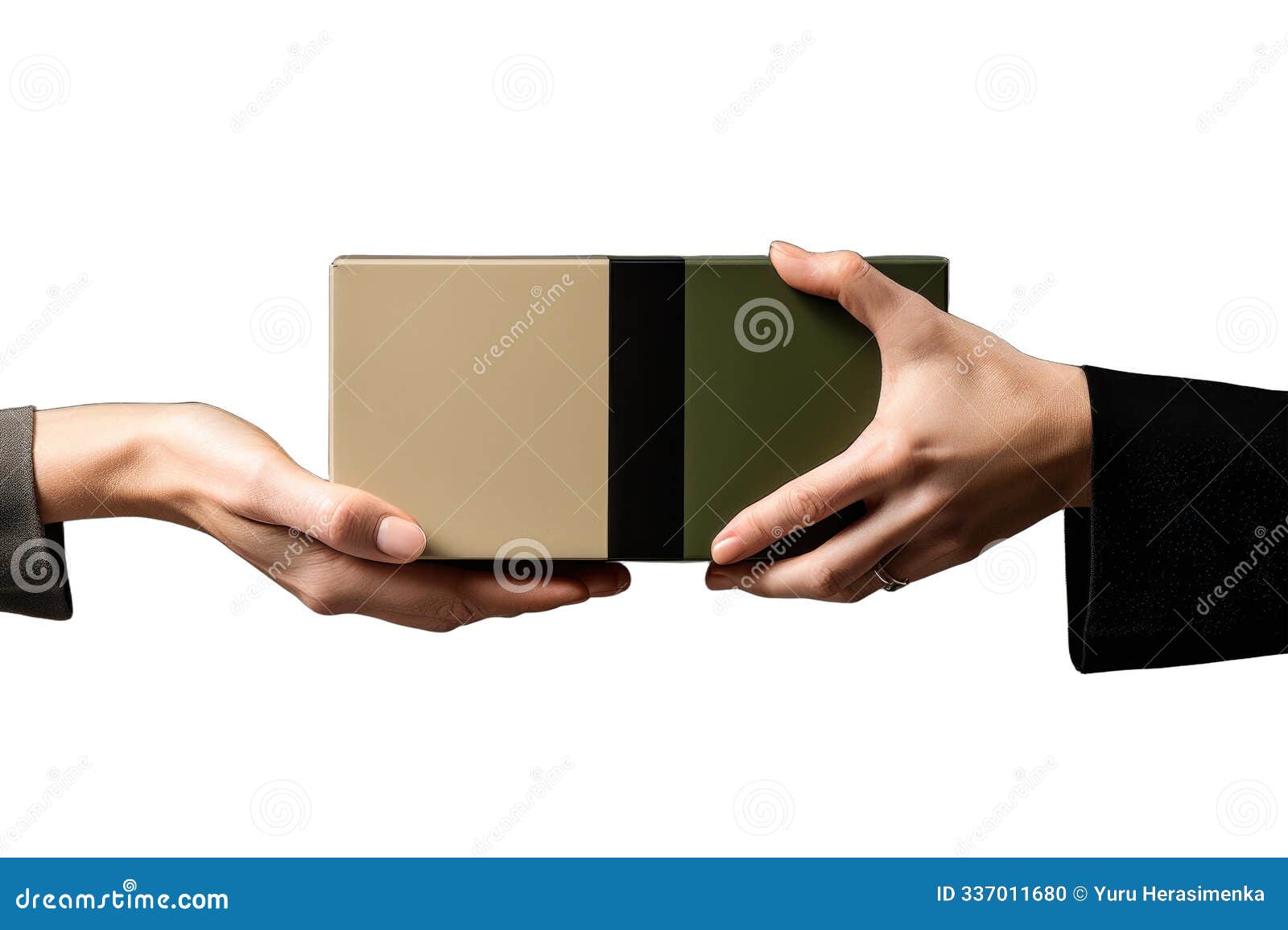 Two Hands Exchanging a Neatly Wrapped Package Against a White Backdrop ...