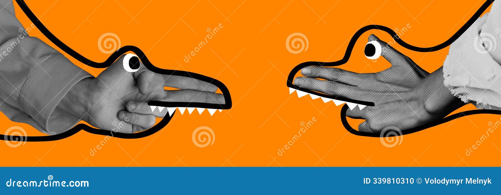 Two Hands Forming Dinosaurs Facing Each Other with Sharp-toothed Mouths ...