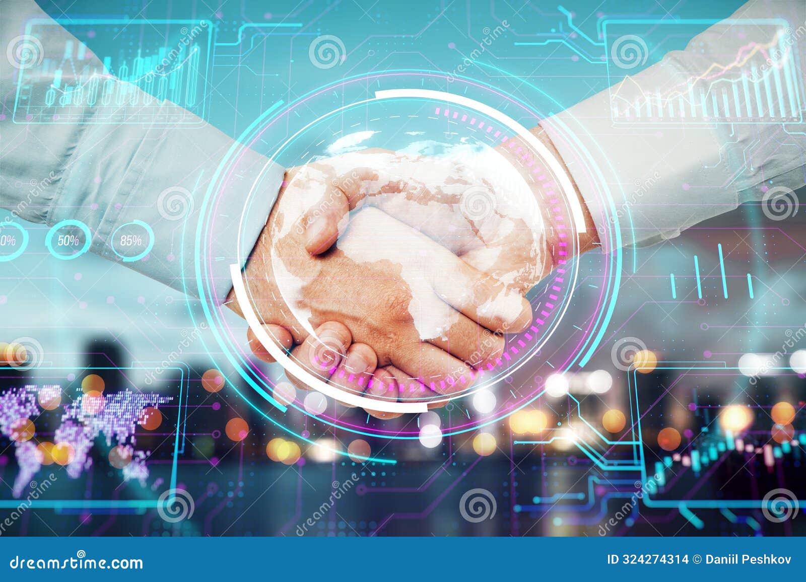 Two Hands in Handshake Overlaid with Digital Graphics Symbolizing ...