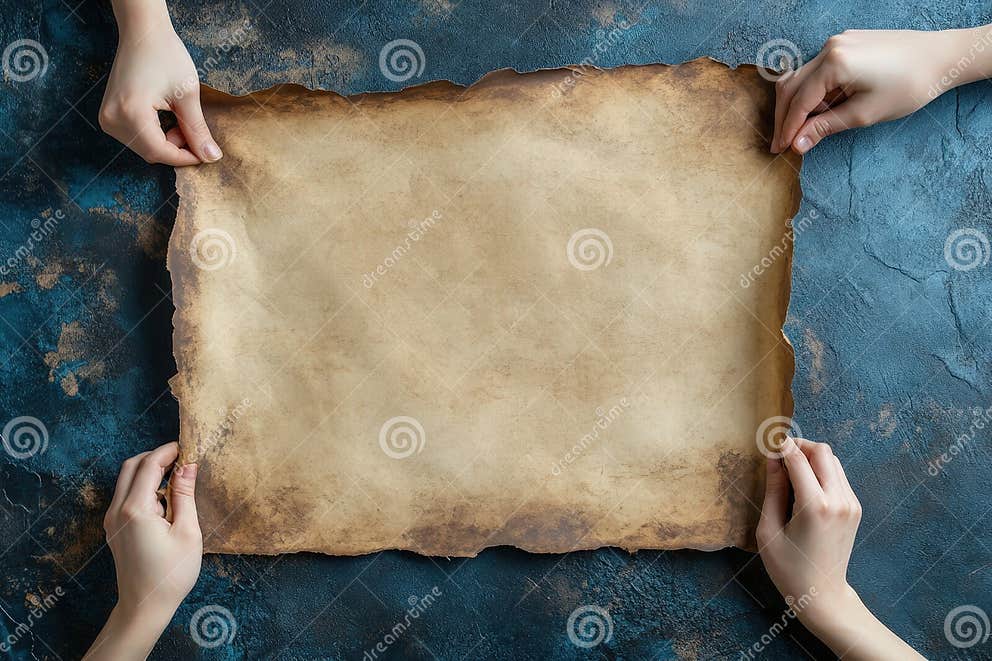 Two Hands Holding Aged Parchment Paper Over Textured Background Stock ...