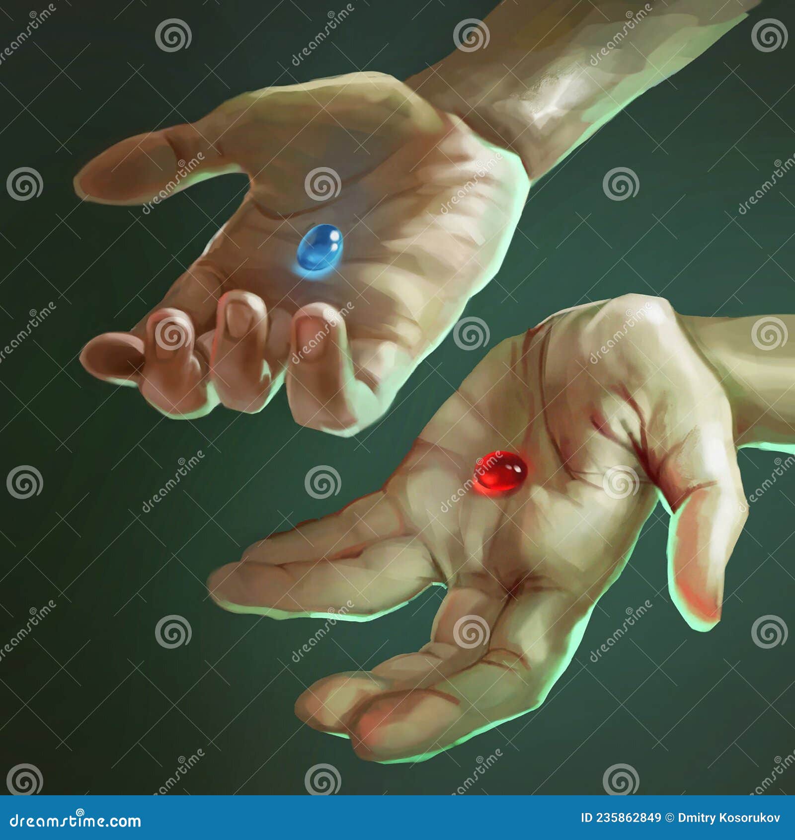 Two Hands are Holding Blue and Red Tablets on the Palms of Their Hands ...