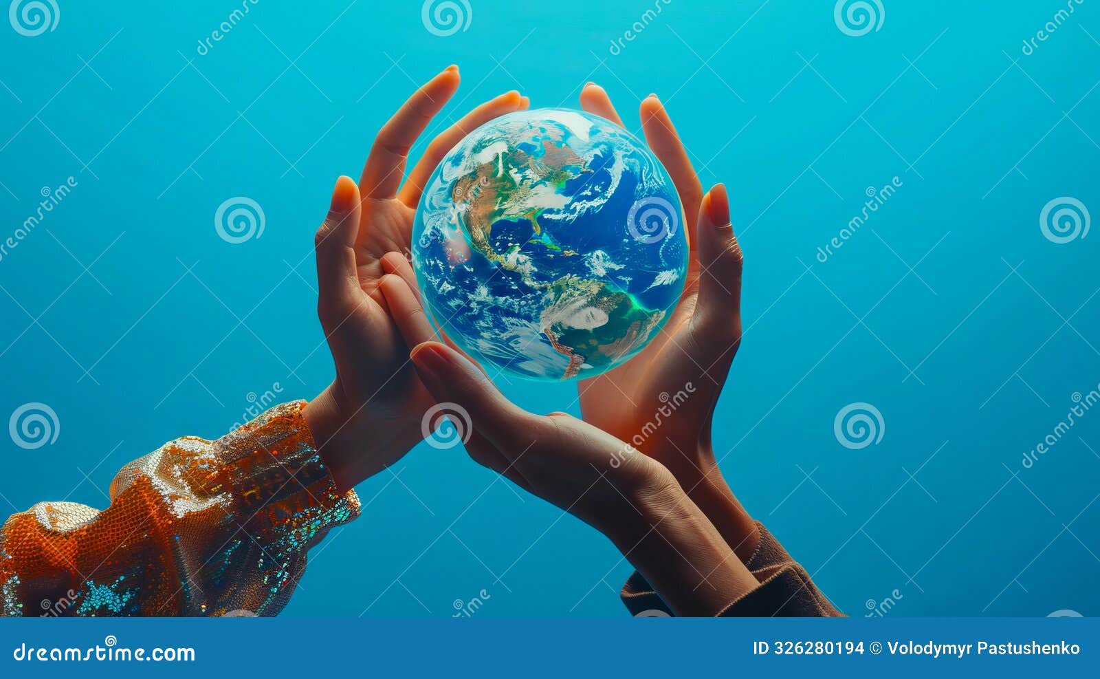 Two Hands Holding a Globe with Blue Background Stock Photo - Image of ...