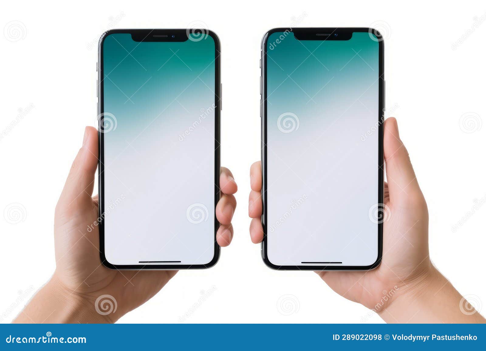 Two Hands Holding Two Iphones with White Screen and Blue Screen ...