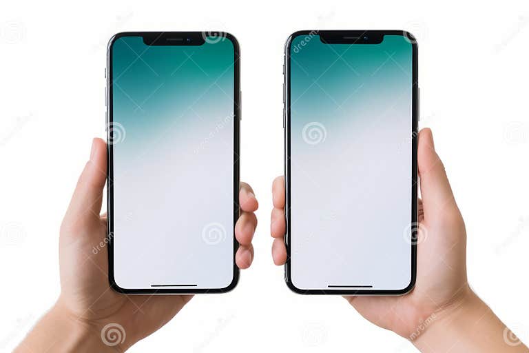 Two Hands Holding Two Iphones with White Screen and Blue Screen ...