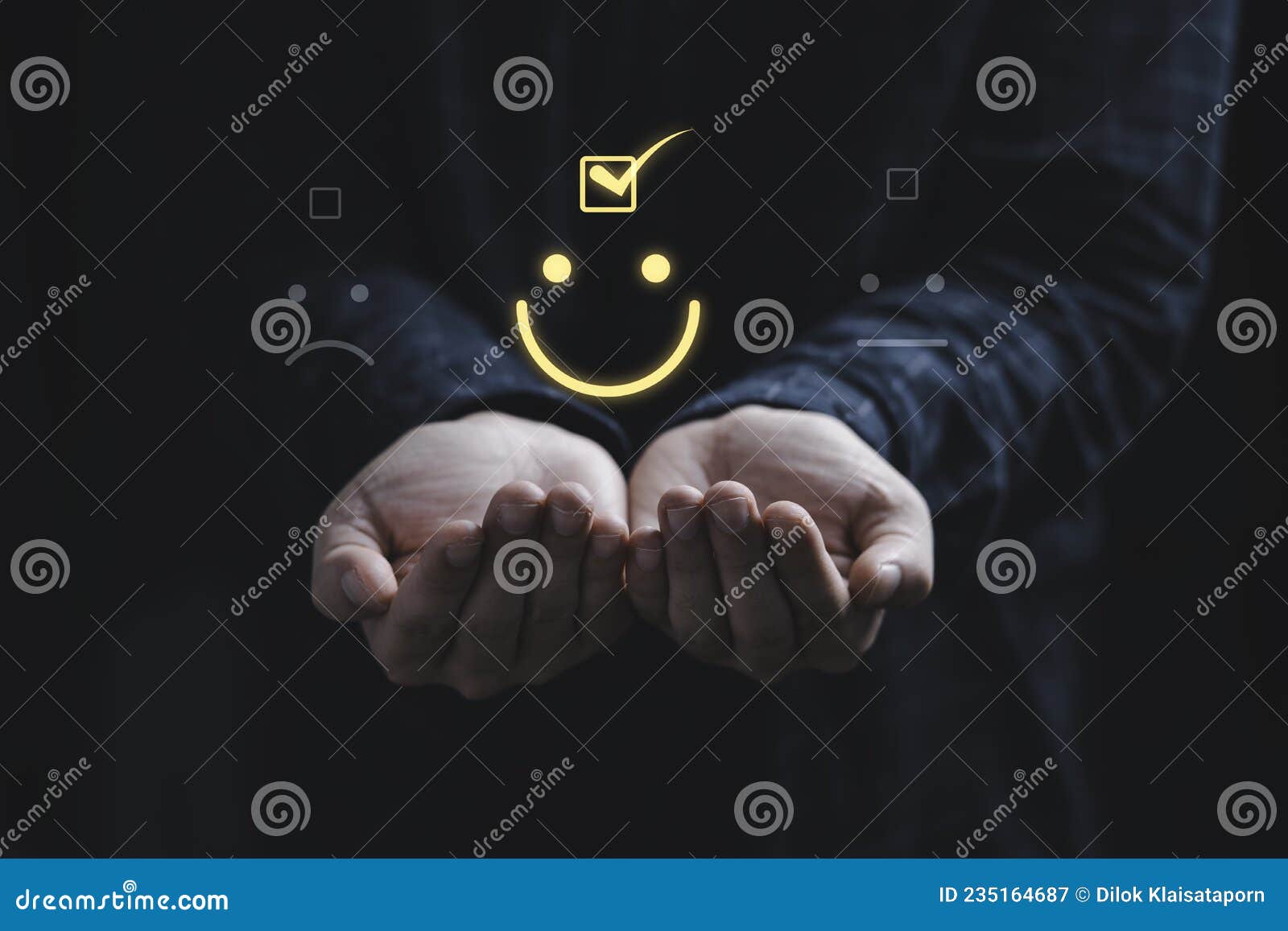 Two Hands Holding and Select Smiley Face Icon for Client Evaluation and ...