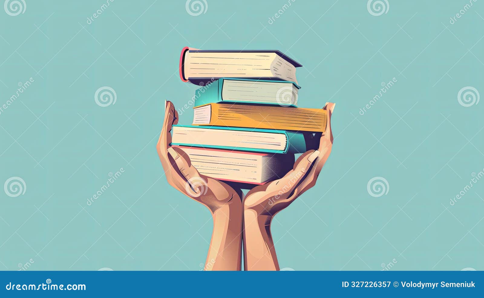 Two Hands Holding a Stack of Books Against a Blue Background Stock ...