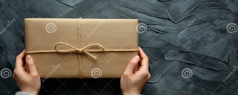 Two Hands Holding a String-tied Brown Gift Box. Stock Photo - Image of ...