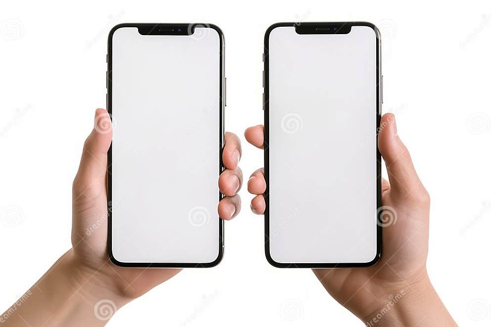 Two Hands Holding Up Two Iphones with White Screen and Black Frame ...