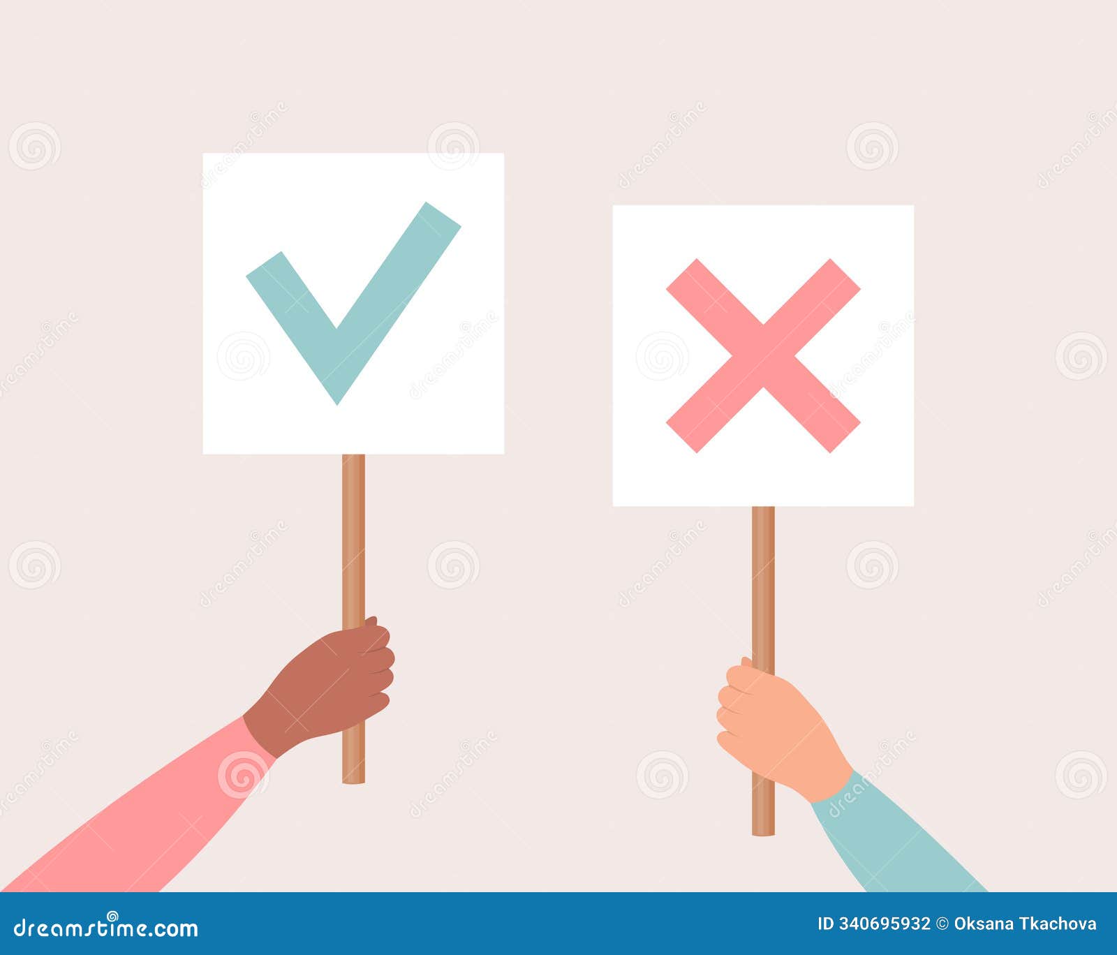 Two Hands Holding White Posters with Check Mark and Cross Mark. Vector ...