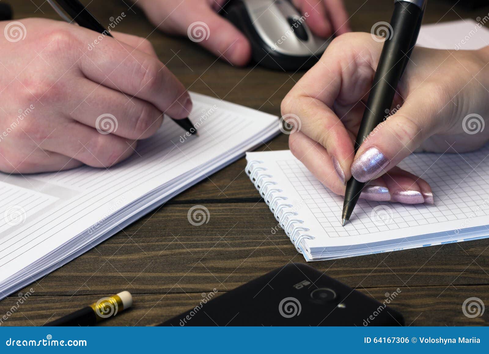 Two Hands Make Notes in a Notebook Black Pens Stock Photo - Image of ...