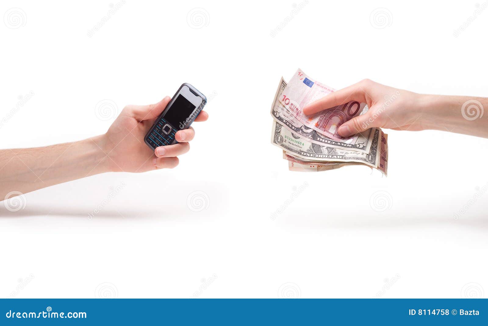 Two Hands with a Money and Phone Holding Stock Photo - Image of ...