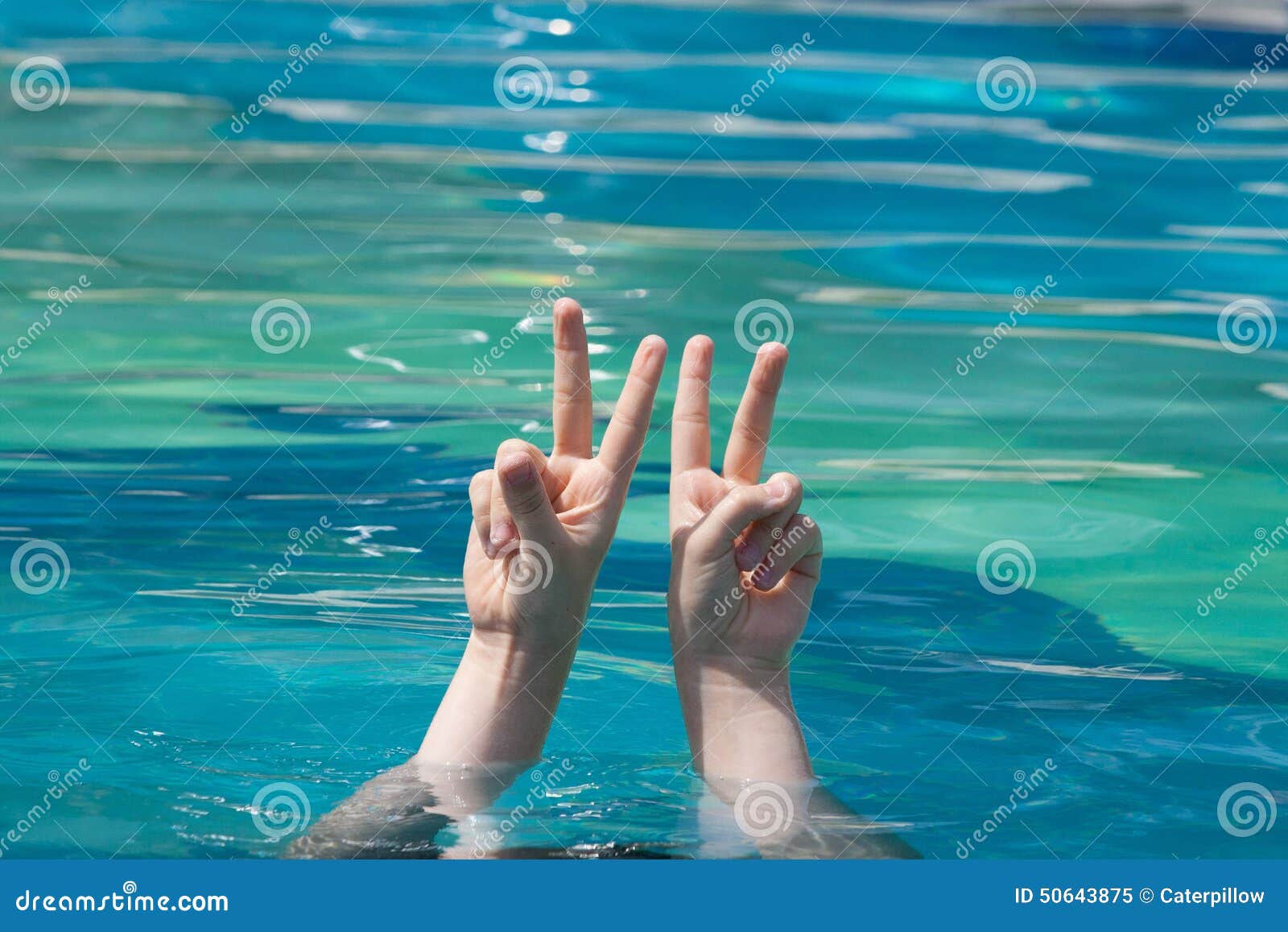 Two Hands Out of Water in Victory Gesture Stock Image - Image of funny ...