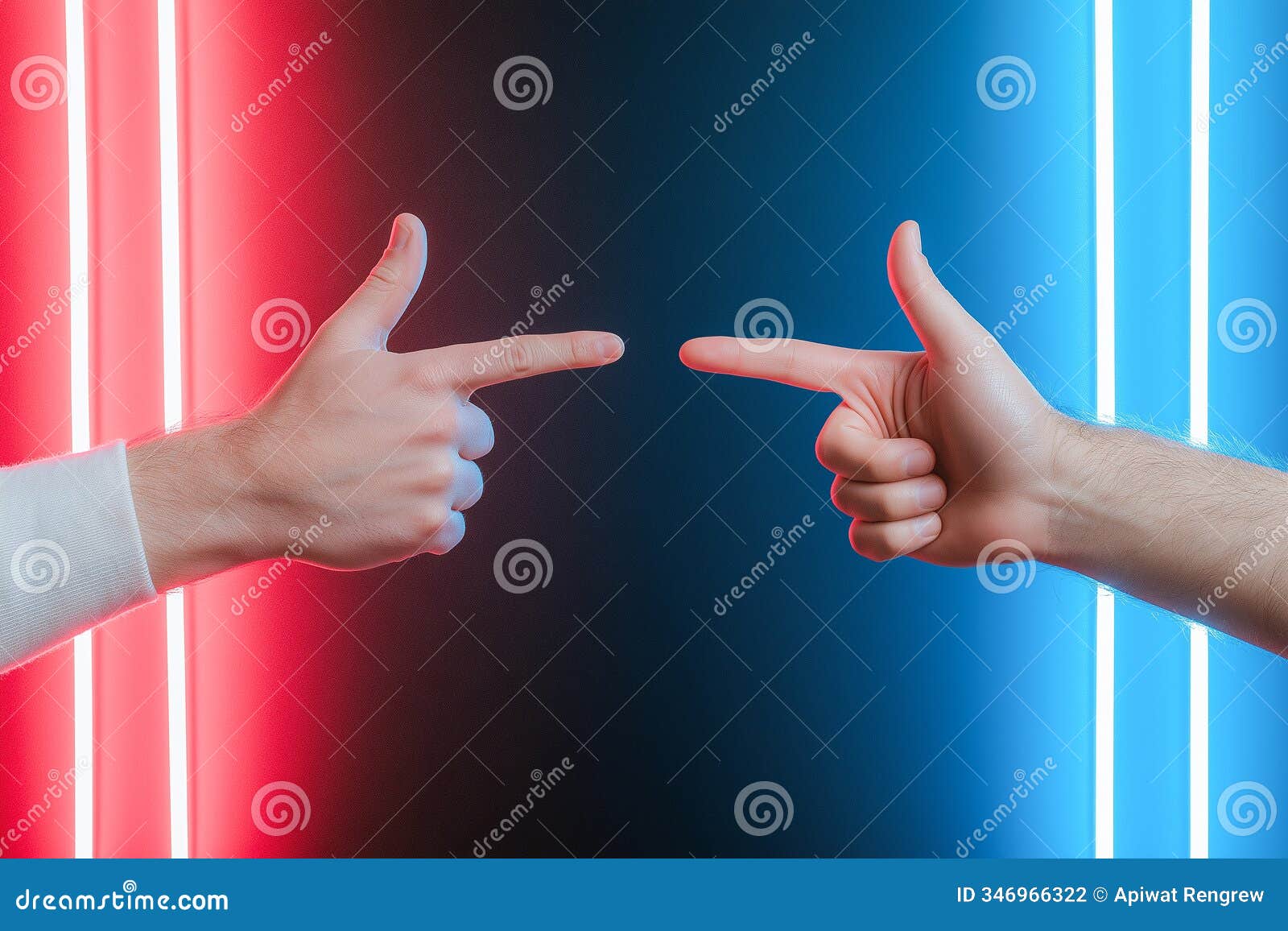 Two Hands Pointing at Each Other with Neon Red and Blue Lights in ...