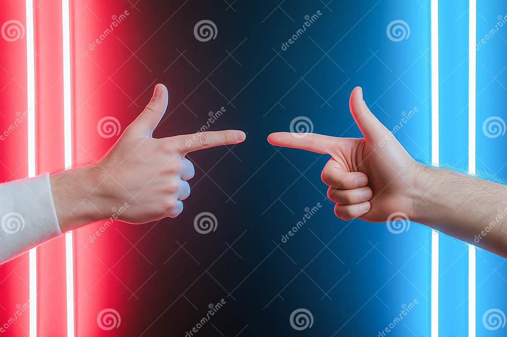 Two Hands Pointing at Each Other with Neon Red and Blue Lights in ...