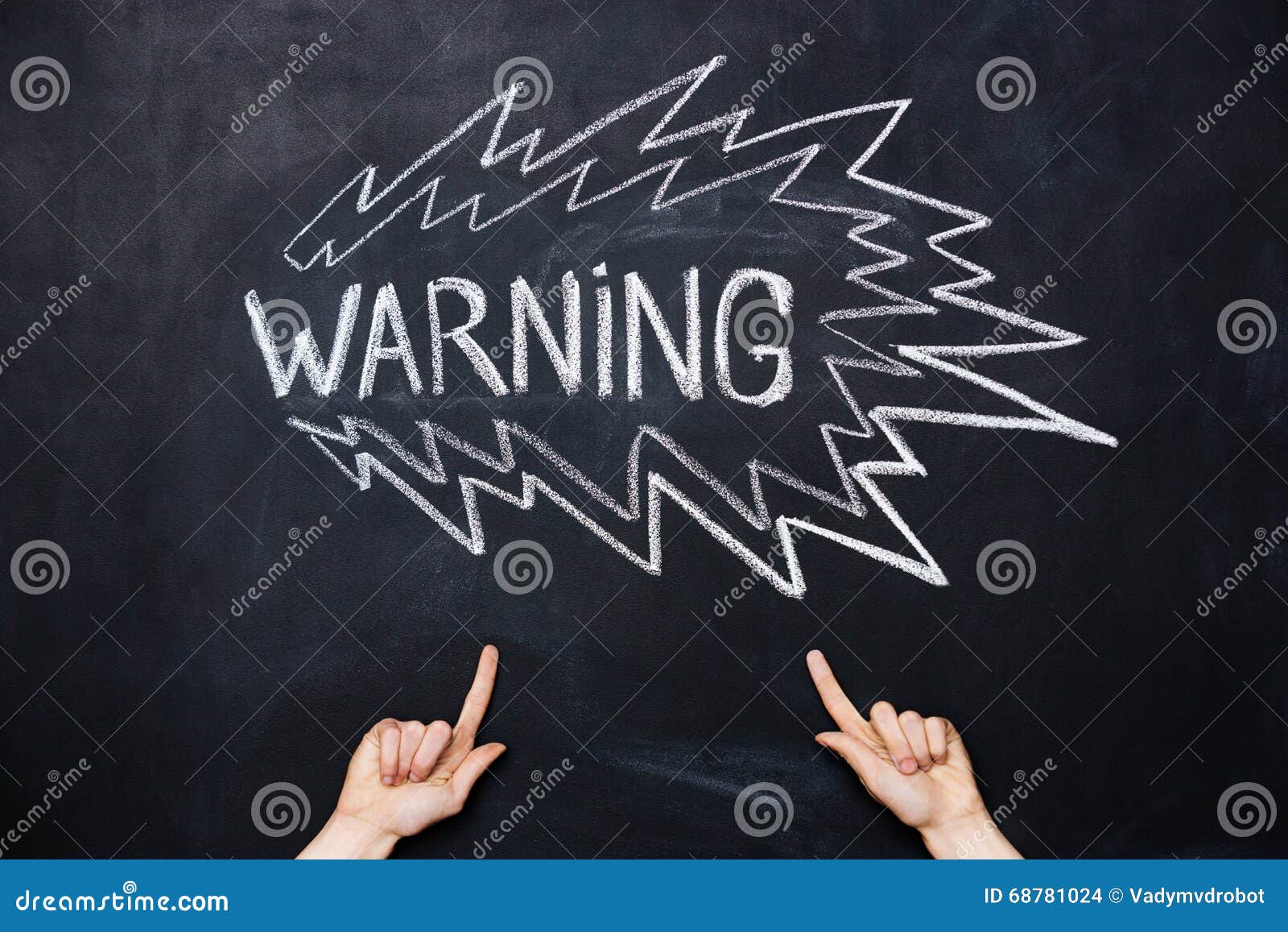 Two Hands Pointing at Warning Drawn on Blackboard Stock Photo - Image ...