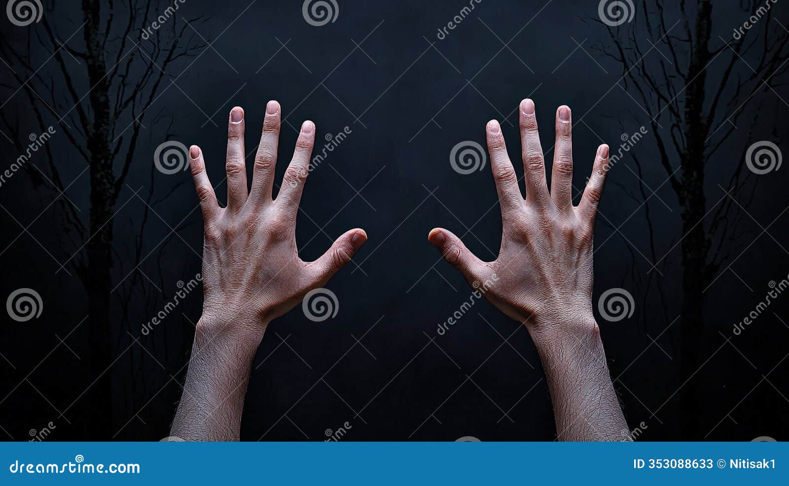 Two Hands Raised Against a Dark Background with Trees Expressing ...