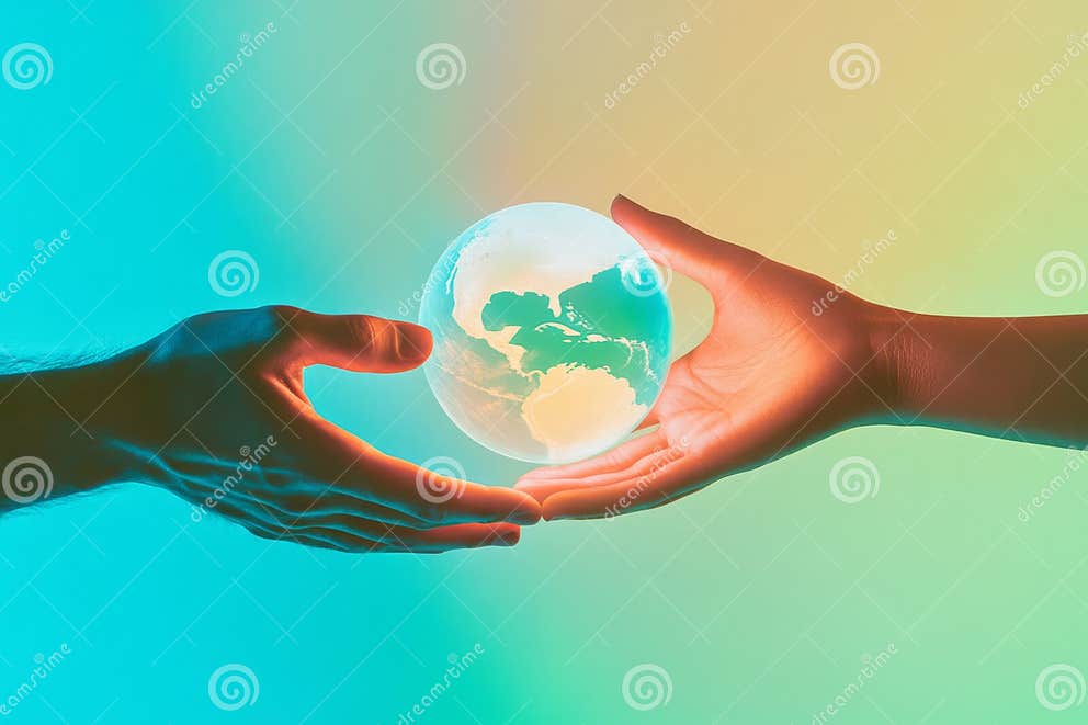 Two Hands are Reaching for a Glowing Globe. this Image Represents ...
