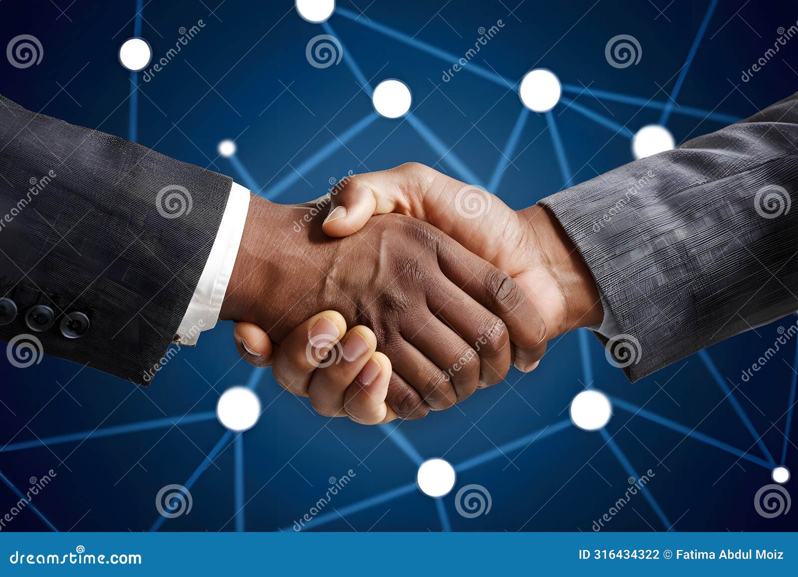 Two Hands Shake in Front of Blue Lines and White Dots, Representing a ...