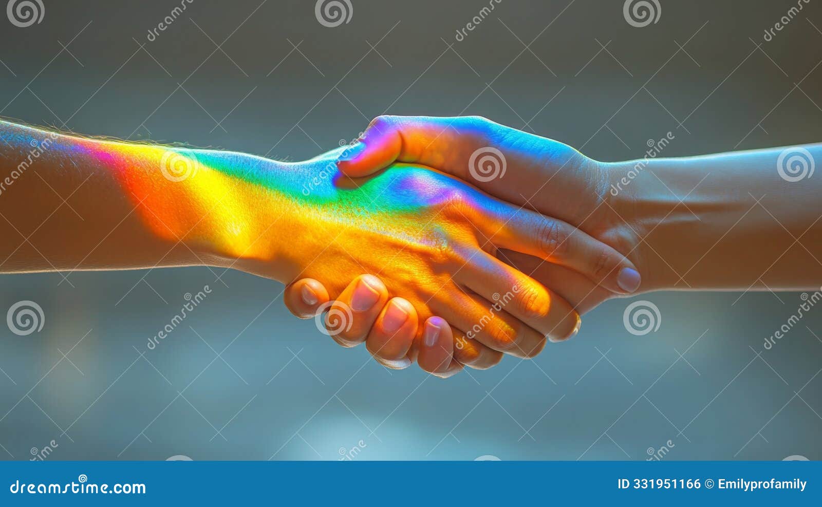 Two Hands Shake with a Rainbow Reflection, Symbolizing Unity and ... Two Hands Shake with a Rainbow Reflection, Symbolizing Unity and ...