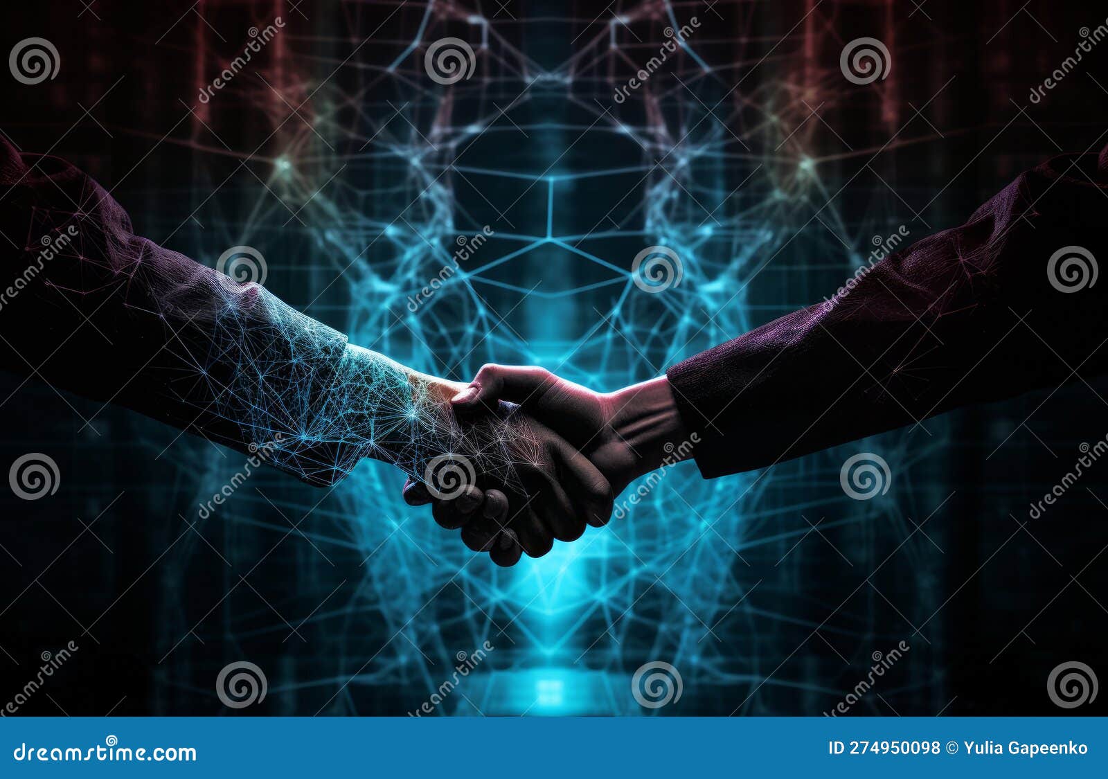 Two Hands Shaking in Front of Computerized Digital Abstract Background ...